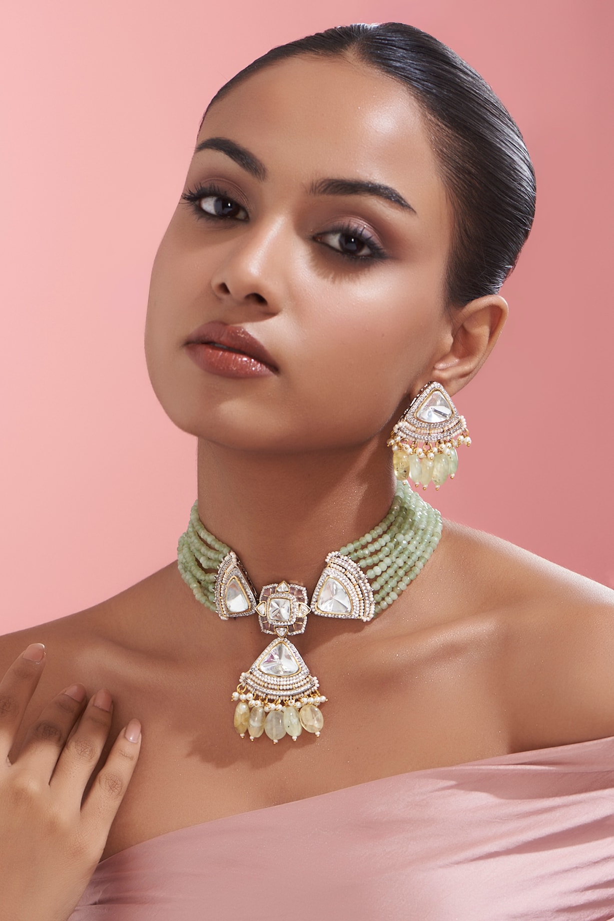 White Finish Kundan Polki & Beaded Choker Necklace Set Design by ...