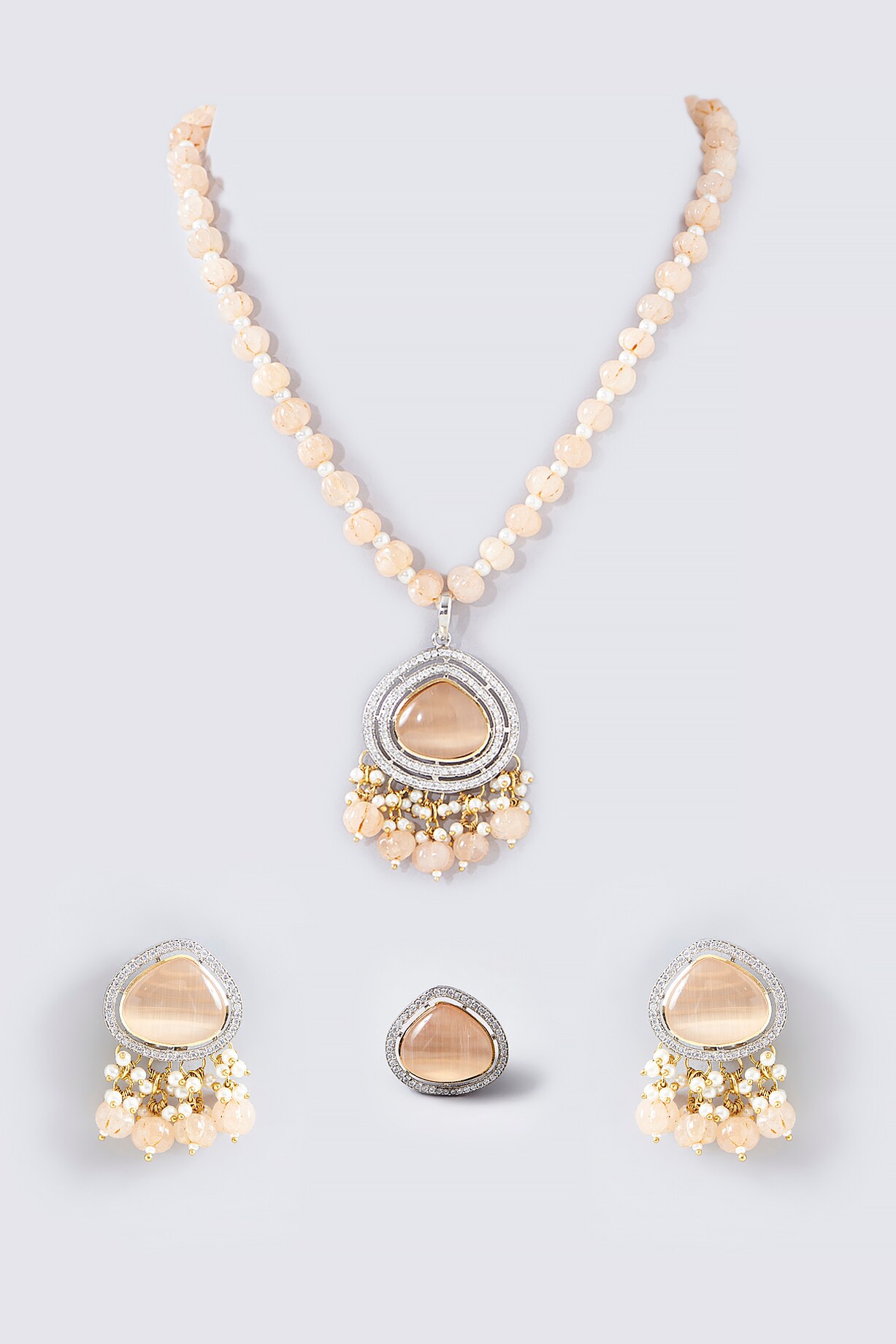 White Finish Kundan Polki & Beaded Long Necklace Set Design by Adityam ...