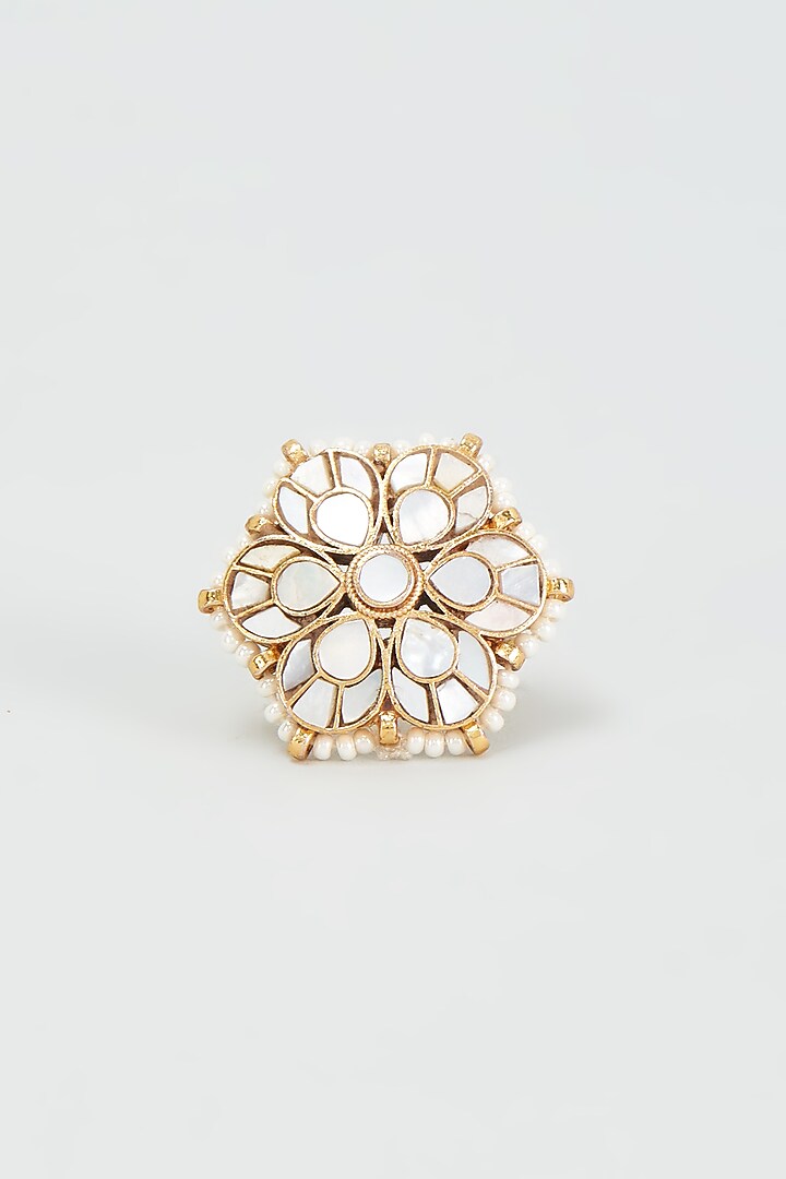 Gold Finish Mother Of Pearl Floral Ring by Adityam Jewels at Pernia's ...