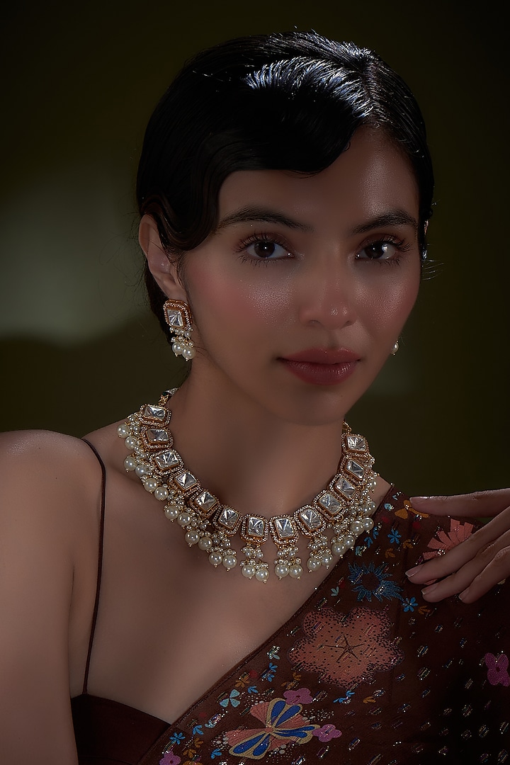 Gold Finish Kundan Polki Choker Necklace Set by Adityam Jewels at Pernia's Pop Up Shop 2024