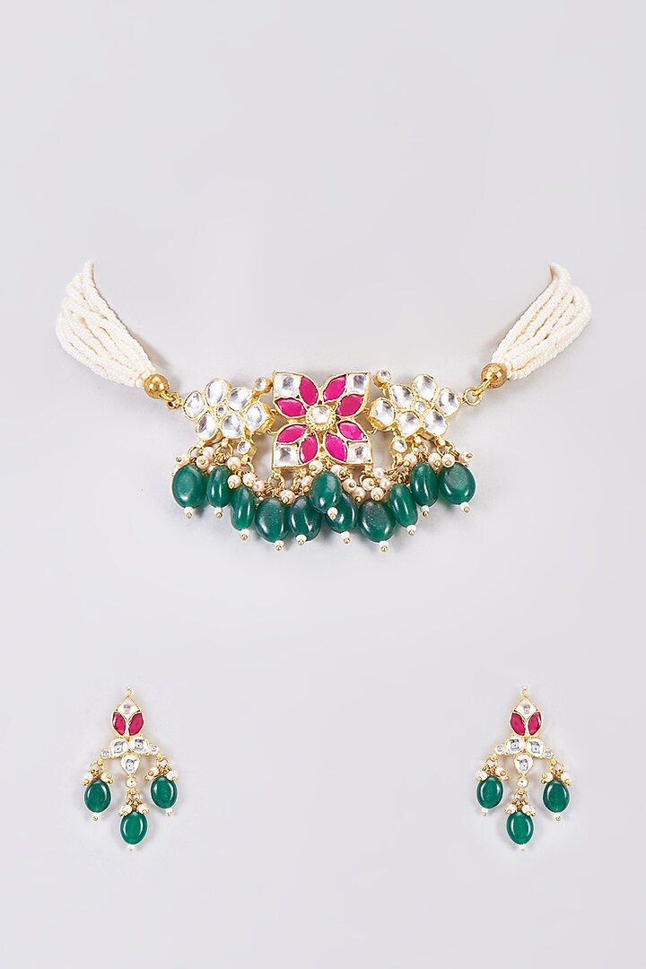 Gold Finish Red Kundan Polki Choker Necklace Set by Adityam Jewels at Pernia's Pop Up Shop 2025