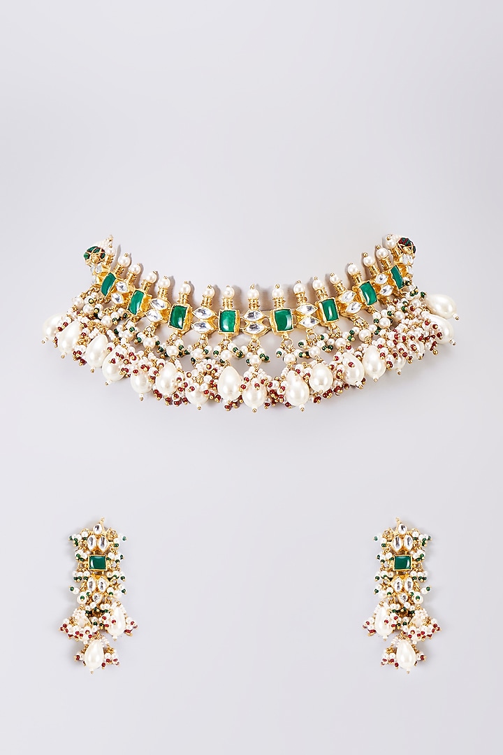 Gold Finish Green Kundan Polki Choker Necklace Set by Adityam Jewels at Pernia's Pop Up Shop 2025