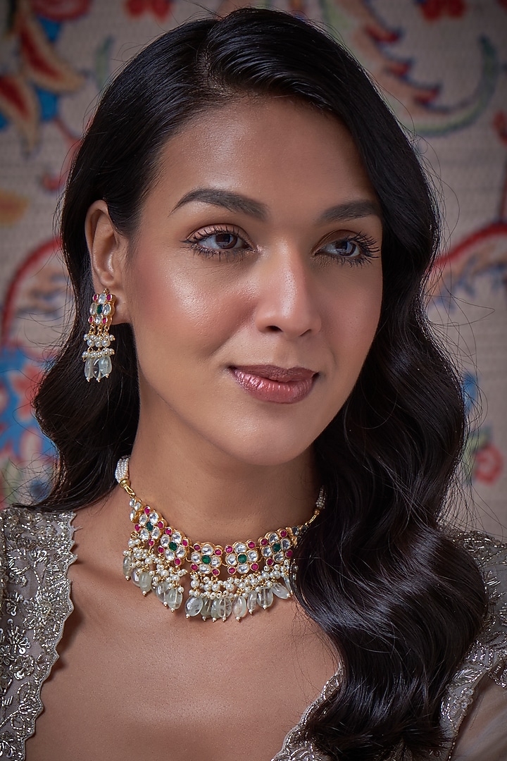 Gold Finish Kundan Polki Choker Necklace Set by Adityam Jewels at Pernia's Pop Up Shop 2025