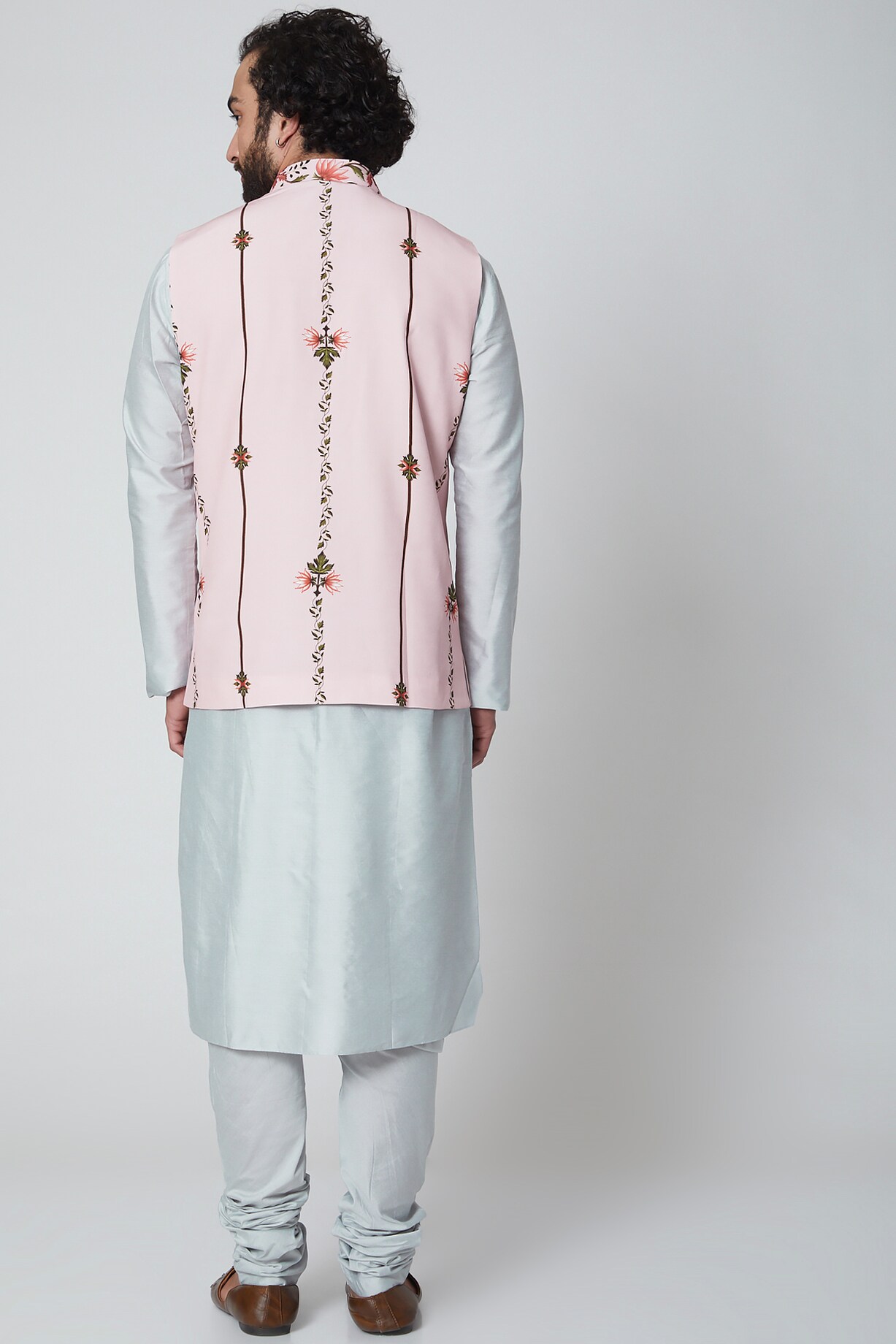 Grey & Light Pink Printed Kurta Set With Jacket by Adah Men at Pernia's ...