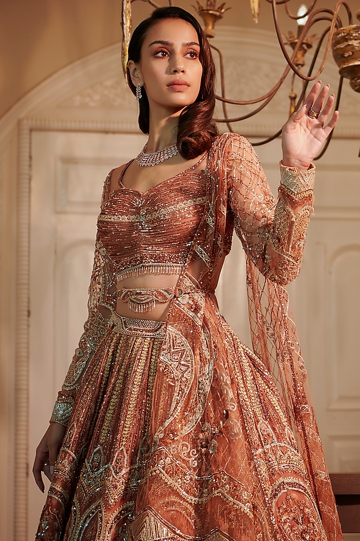 Rust Raw Silk & Net Embroidered Bridal Lehenga Set by Adaara Couture at Pernia's Pop Up Shop 2024