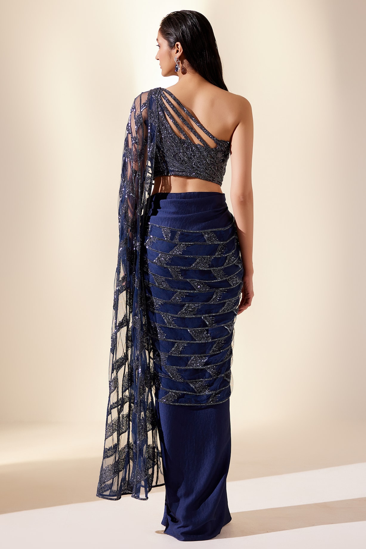 Midnight Blue Net & Dupion Silk Embroidered Draped Saree by Adaara Couture at Pernia's Pop Up ...