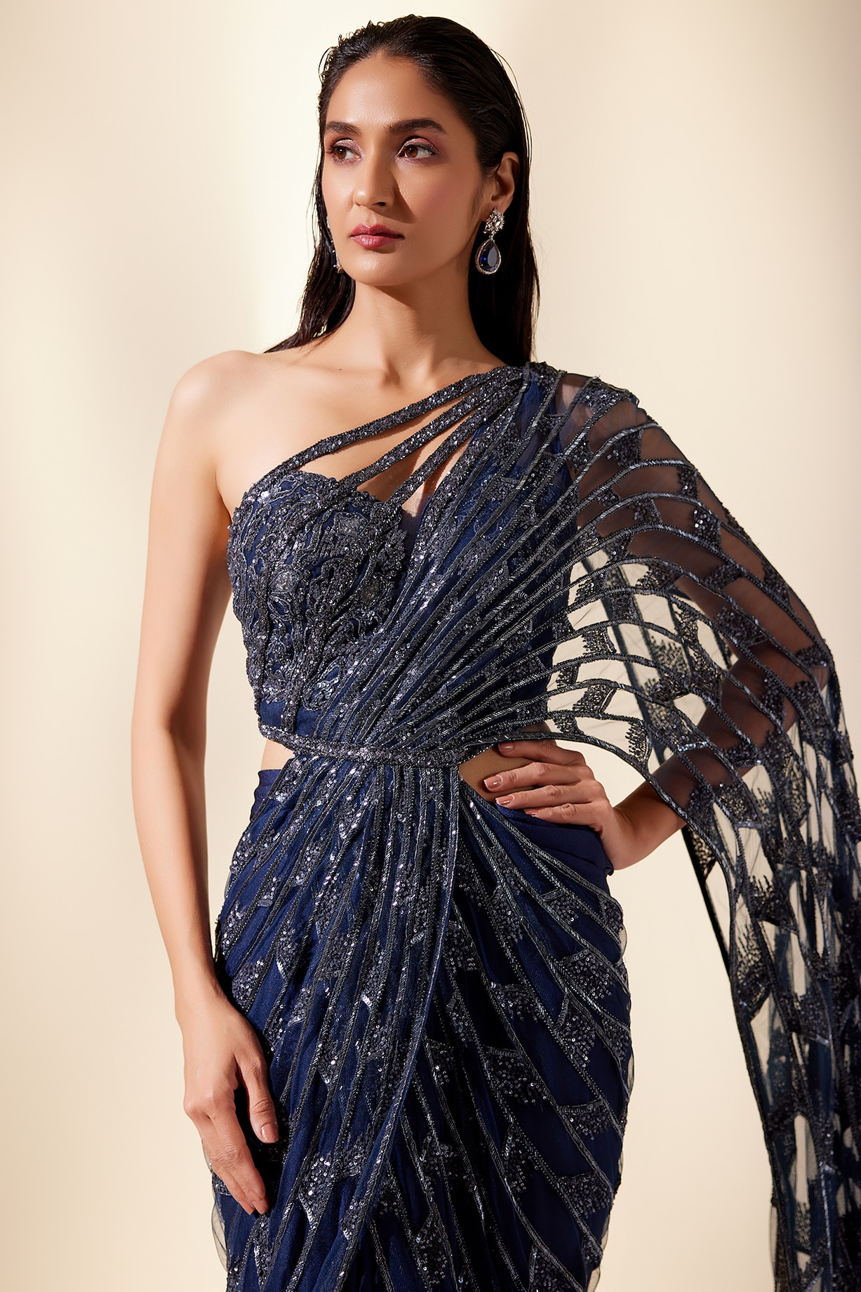 Midnight Blue Net & Dupion Silk Embroidered Draped Saree by Adaara ...