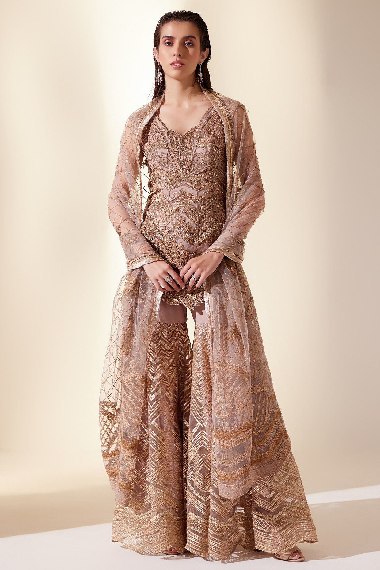 Golden Wrinkle Silk & Dupion Silk Embroidered Sharara Set by Adaara Couture at Pernia's Pop Up ...