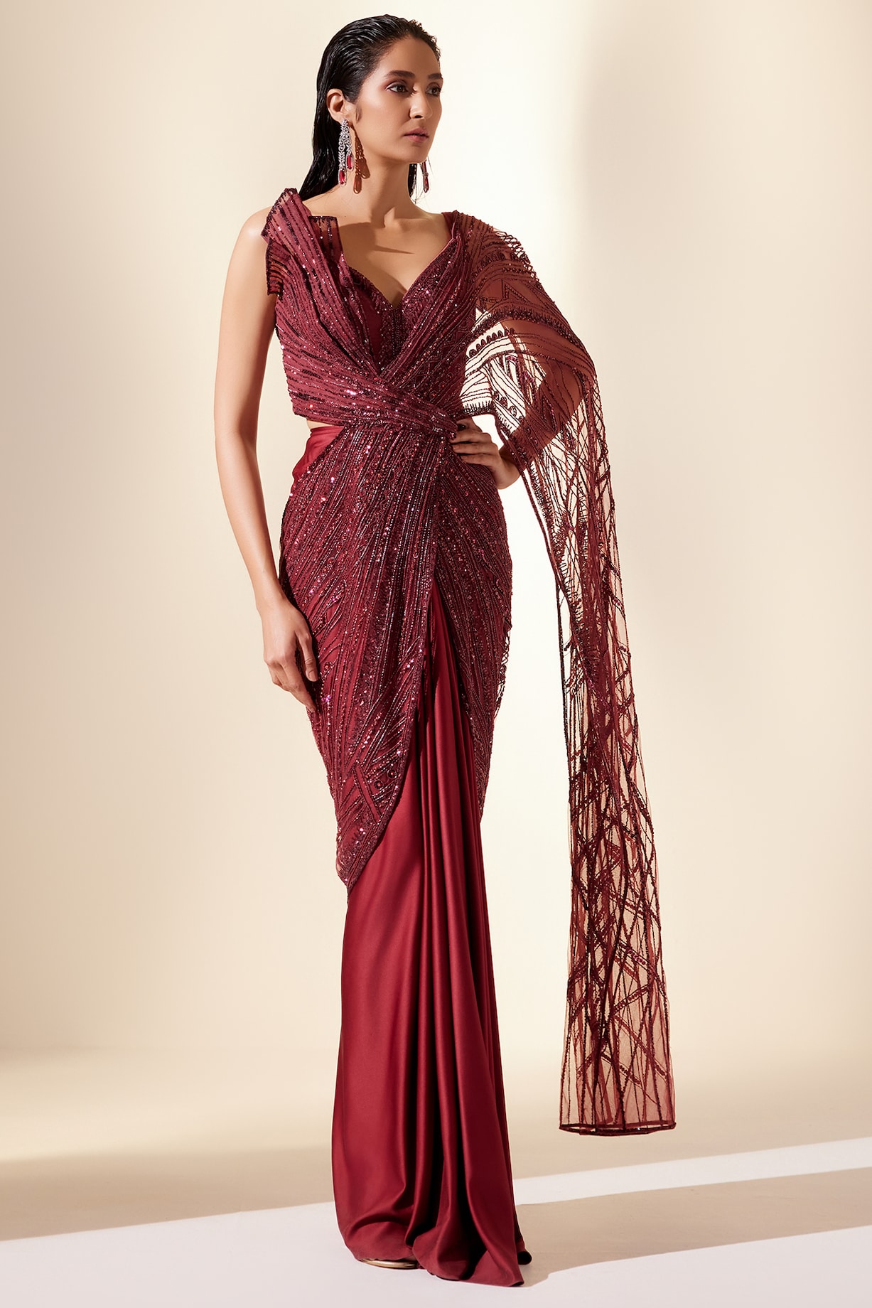Wine Net & Dupion Silk Structured Draped Saree Set by Adaara Couture at Pernia's Pop Up Shop 2025