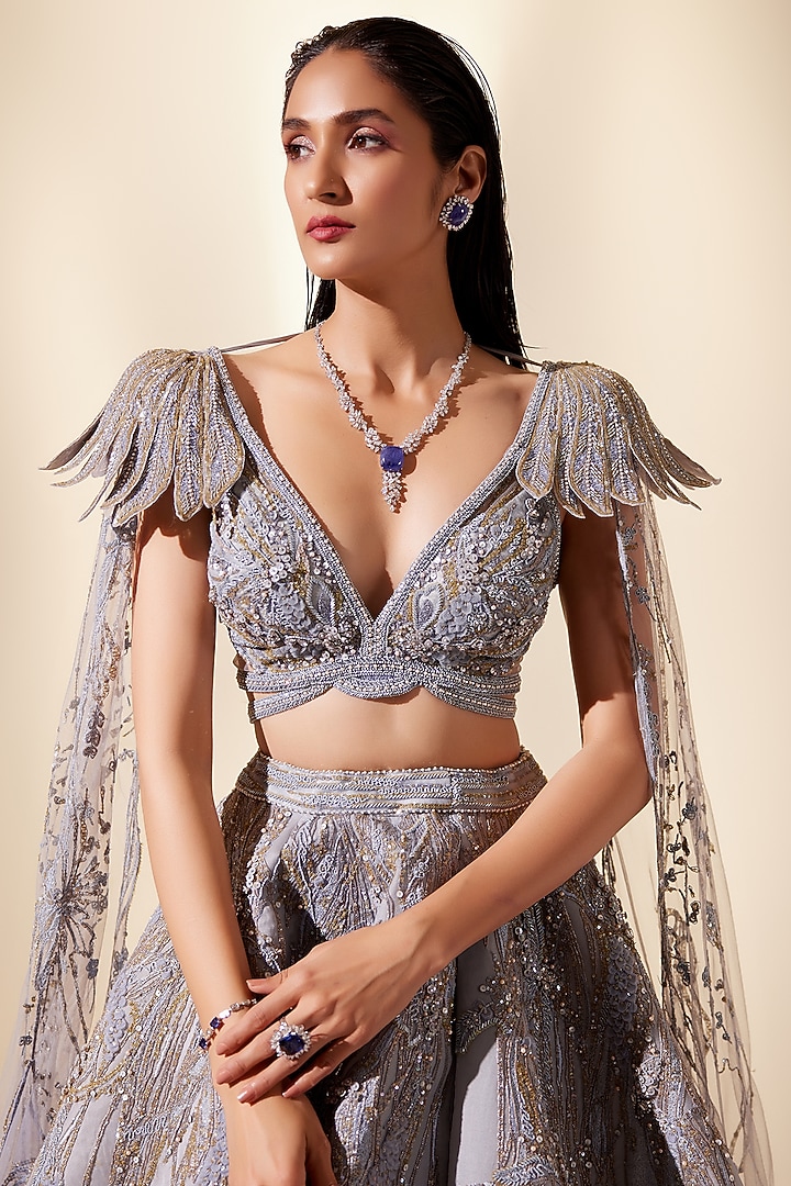 Powder Blue Net & Organza Bridal Lehenga Set by Adaara Couture at Pernia's Pop Up Shop 2025