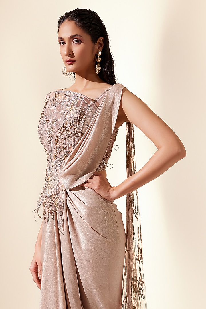 Golden Net & Satin Hand Embroidered Draped Saree by Adaara Couture at ...