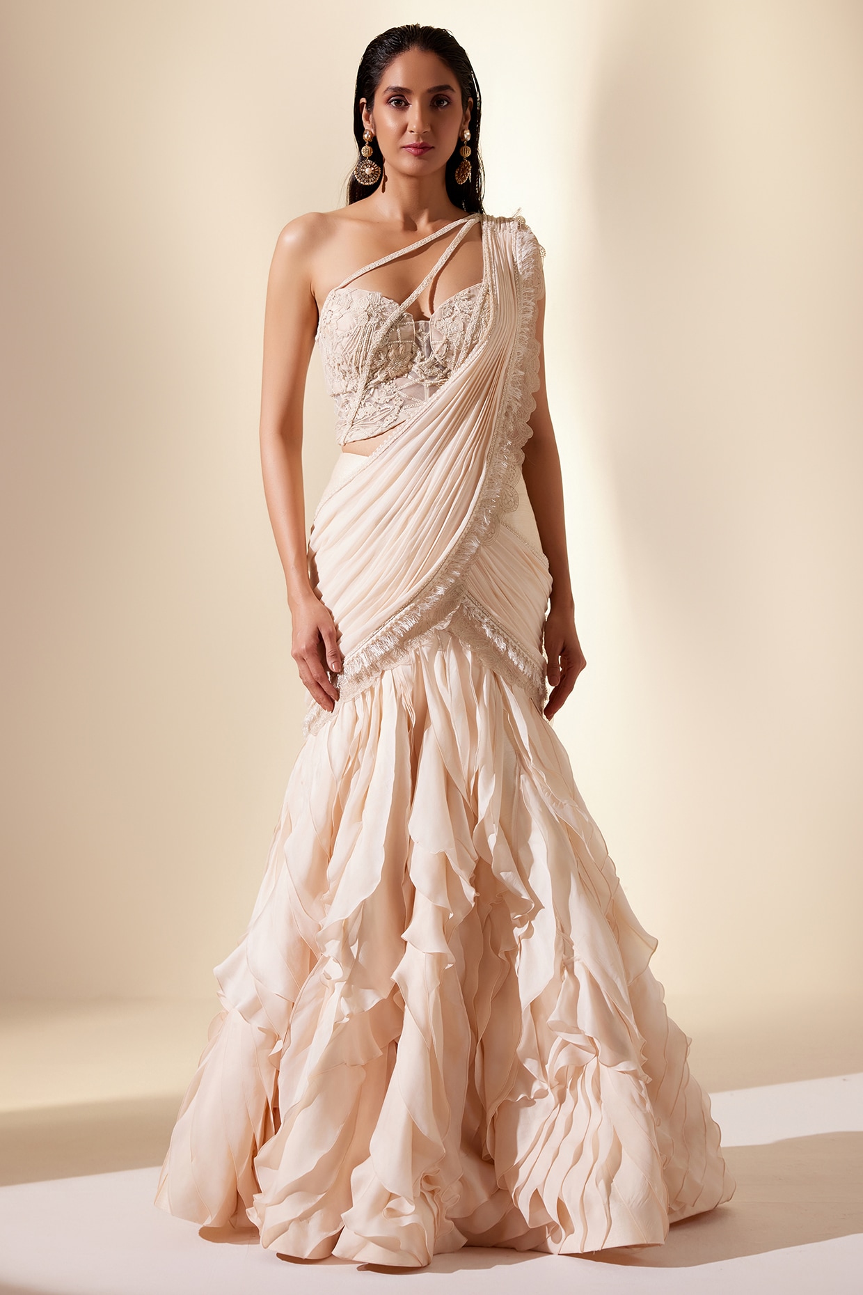 Ivory Silk Organza & Net Hand Embroidered Draped Saree Set by Adaara Couture at Pernia's Pop Up ...