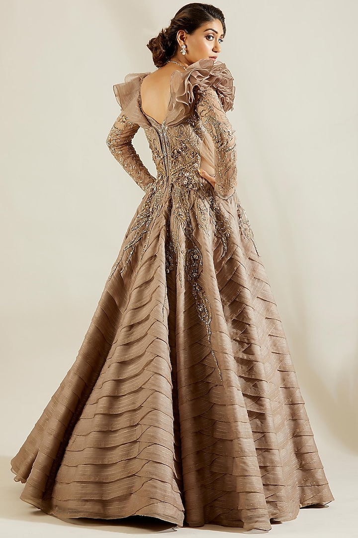 Grey Gold Hand Embroidered Ruffled Ball Gown Design by Adaara Couture ...