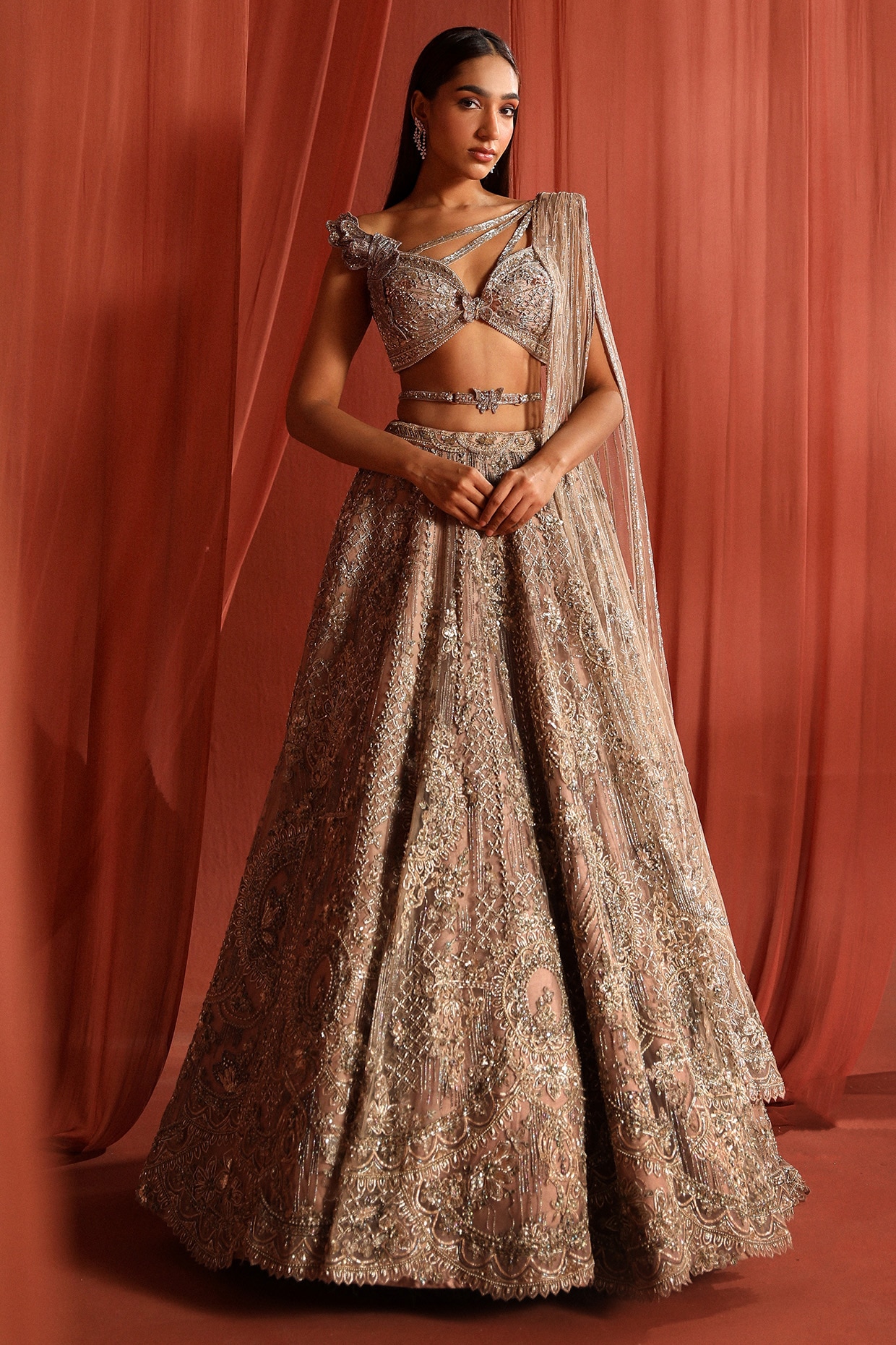 Champagne Silver Dupion Silk 3D Stones & Jaal Embellished Bridal Lehenga Set by Adaara Couture ...