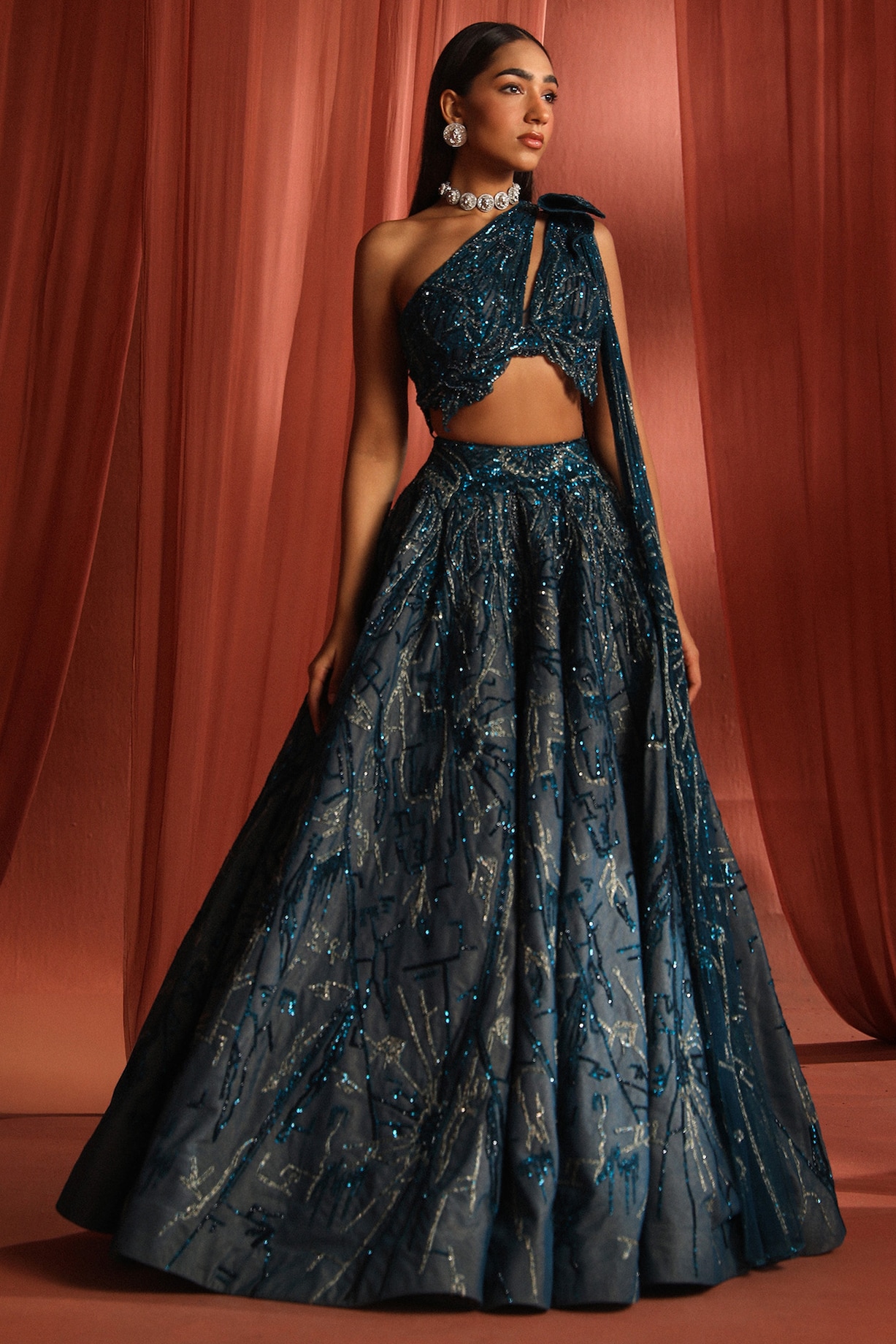 Teal Silk & Net Abstract Geometric Work Bridal Lehenga Set by Adaara Couture at Pernia's Pop Up ...