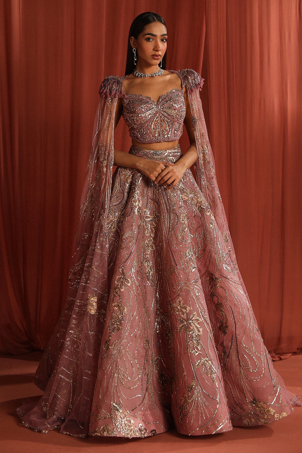 Light Blush Pink Silk & Net Floral Patchwork Bridal Lehenga Set by Adaara Couture at Pernia's ...