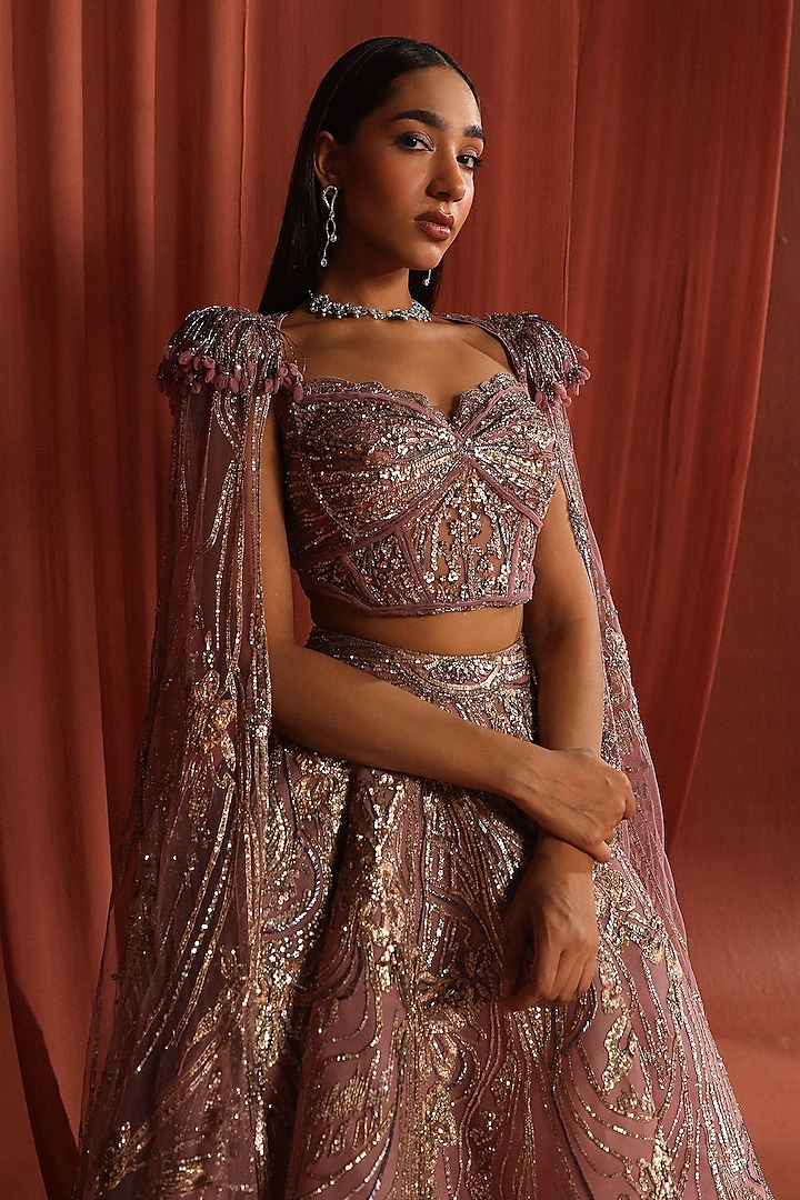 Light Blush Pink Silk & Net Floral Patchwork Bridal Lehenga Set by Adaara Couture at Pernia's ...