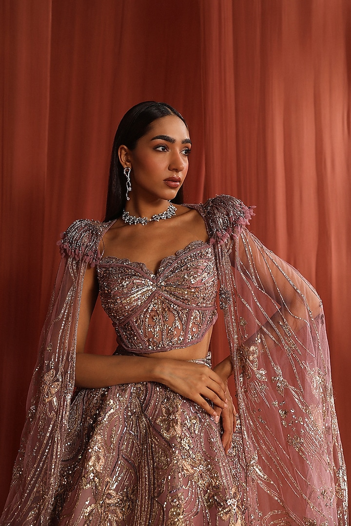 Light Blush Pink Silk & Net Floral Patchwork Bridal Lehenga Set by Adaara Couture at Pernia's ...