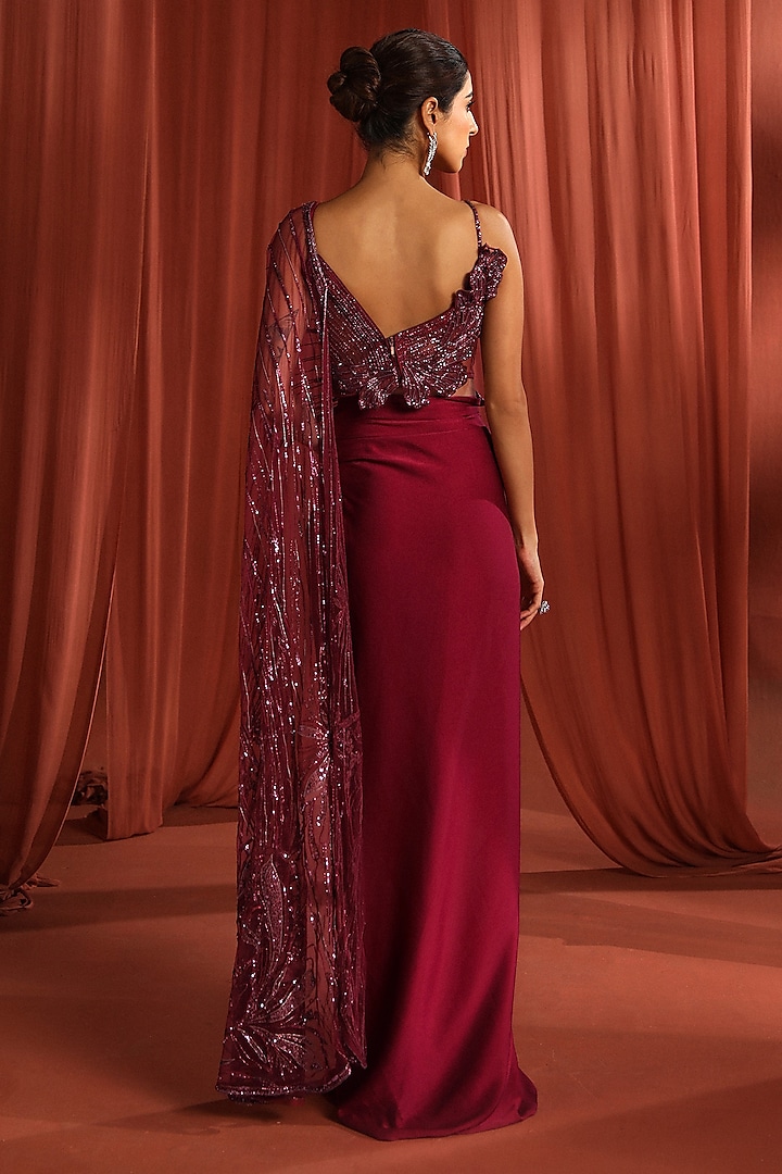Dark Raspberry Net 3D Wings & Petals Embroidered Saree by Adaara Couture at Pernia's Pop Up Shop ...