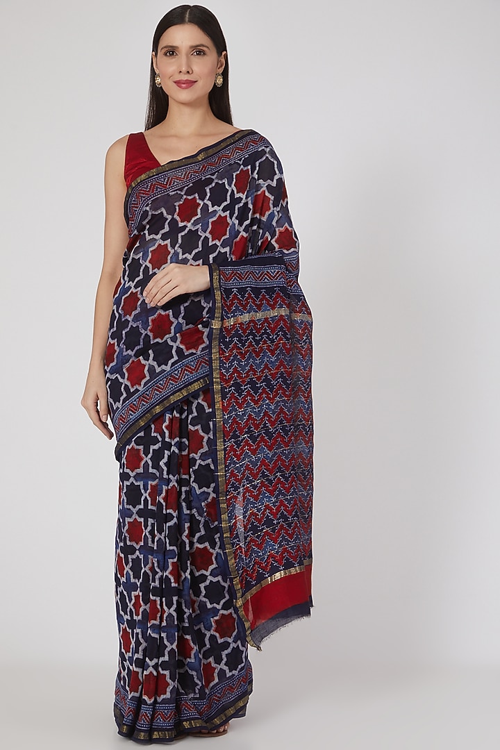 Indigo & Red Ajrakh Printed Saree Set Design by Aditri at Pernia's Pop ...