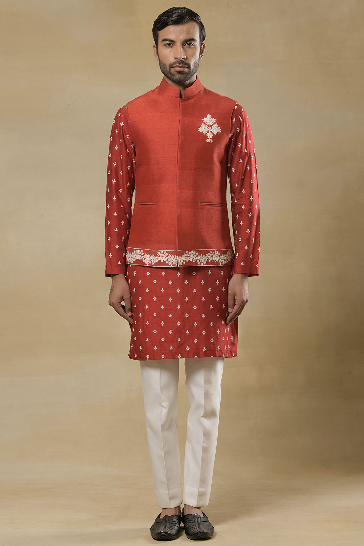 Red Raw Silk Resham Work Bundi Jacket Set by Aditya Sachdeva Men at Pernia's Pop Up Shop 2025