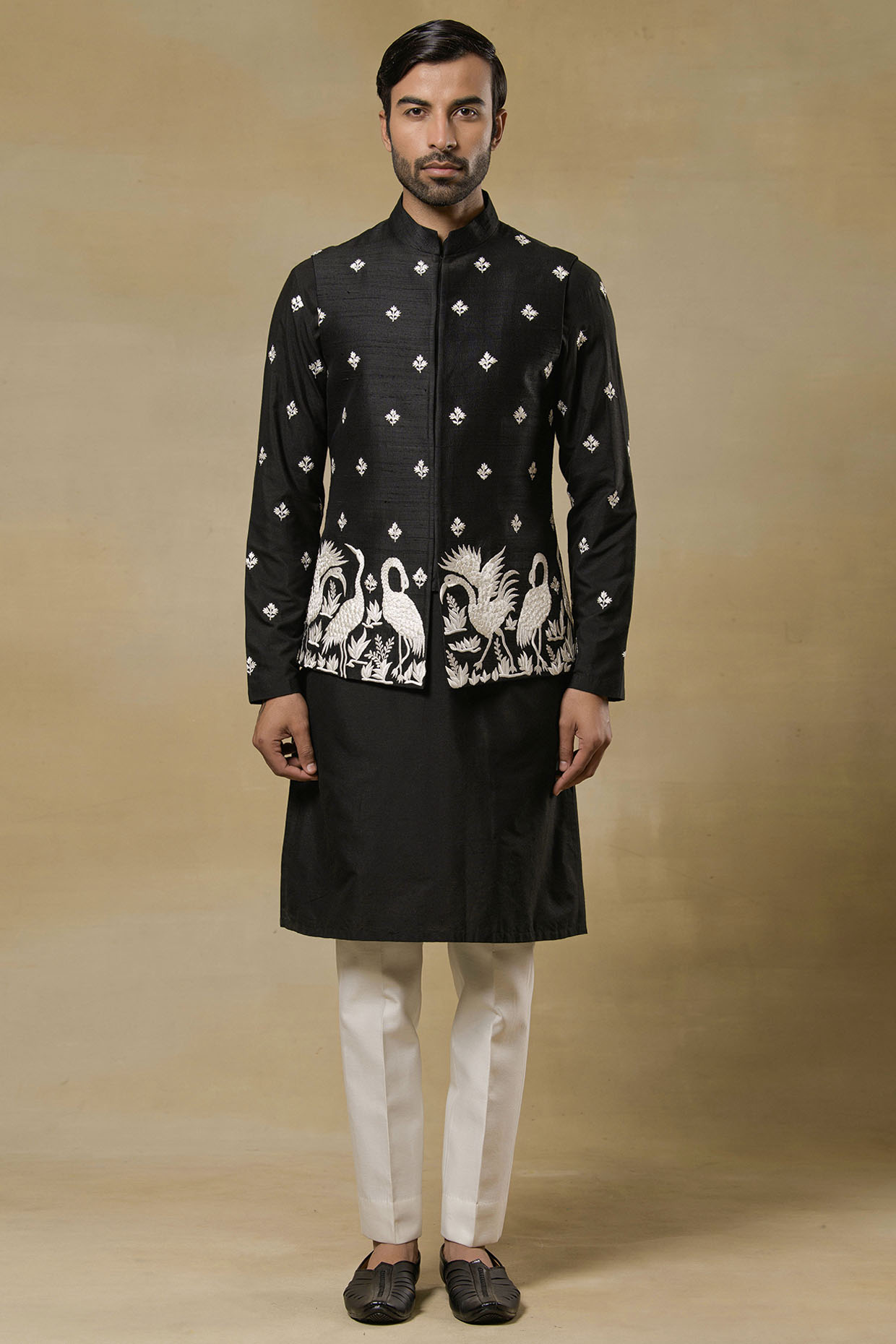 Black Raw Silk Boota Machine Embroidered Nehru Jacket Set by Aditya Sachdeva Men at Pernia's Pop ...