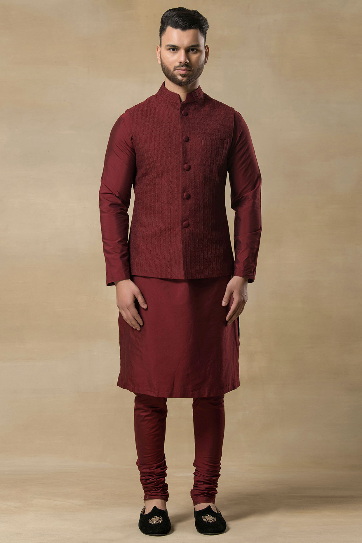 Wine Polystyrene Pintucks Nehru Jacket Set by Aditya Sachdeva Men at Pernia's Pop Up Shop 2025