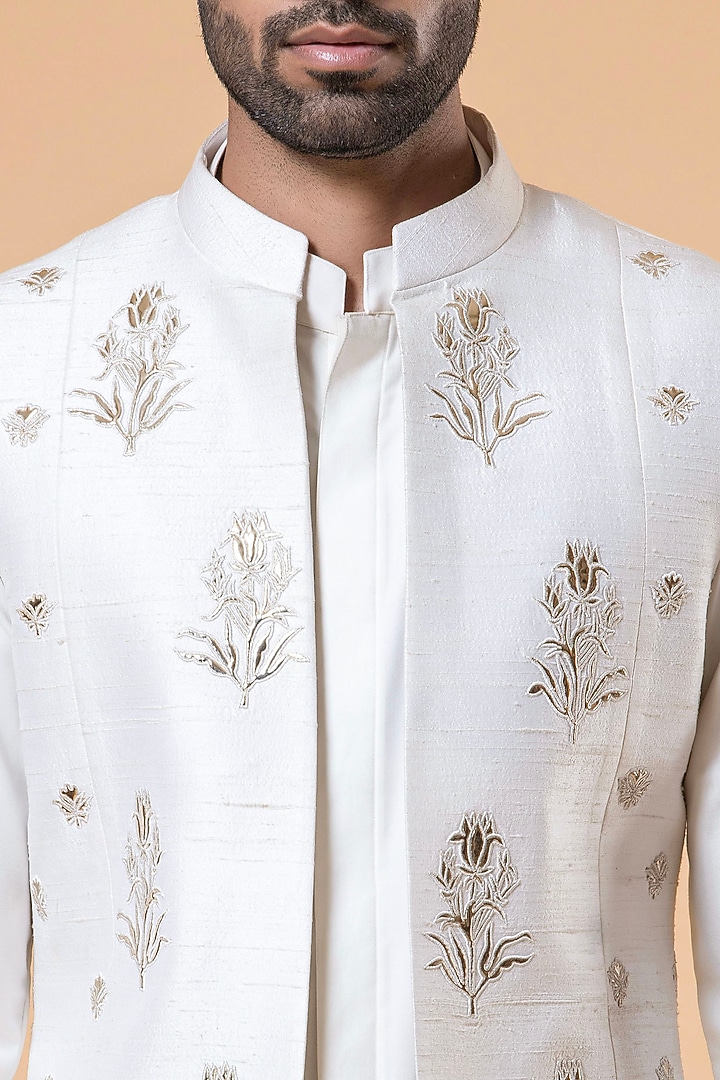 Ivory Raw Silk Boota Leather Work Indowestern Set by Aditya Sachdeva Men at Pernia's Pop Up Shop ...