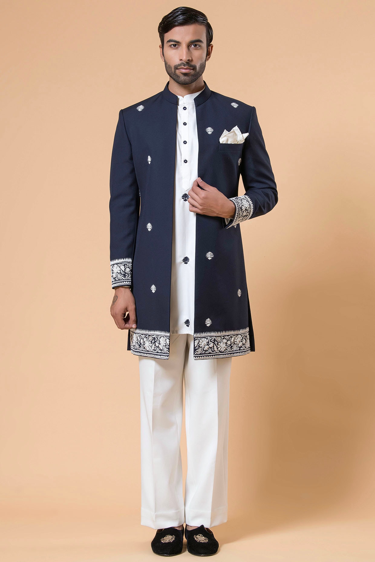 Blue Italian Crepe Resham Work Indowestern Set by Aditya Sachdeva Men at Pernia's Pop Up Shop 2025