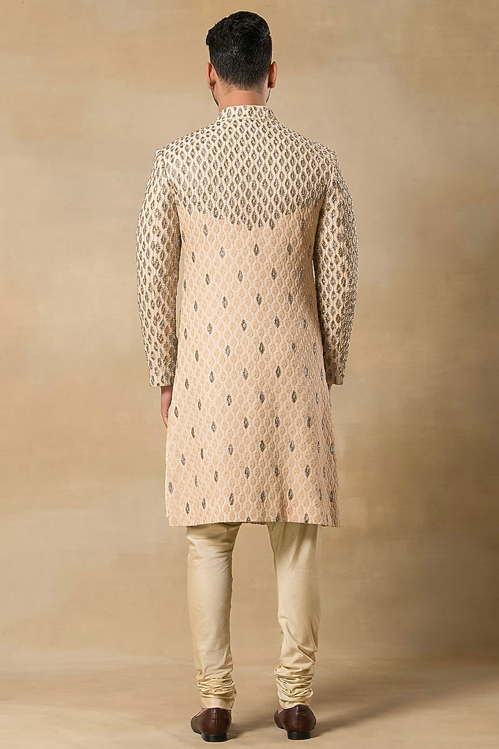 Golden Chikankari Hand Embroidered Groom Sherwani Set by Aditya Sachdeva Men at Pernia's Pop Up ...