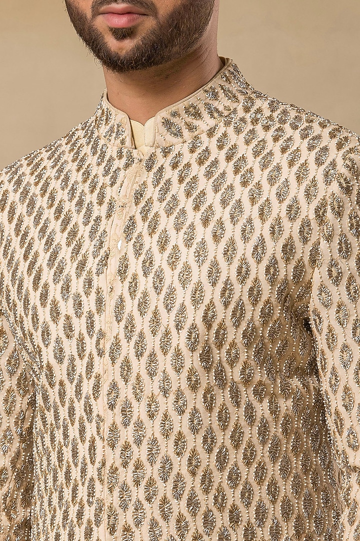 Golden Chikankari Hand Embroidered Groom Sherwani Set by Aditya Sachdeva Men at Pernia's Pop Up ...