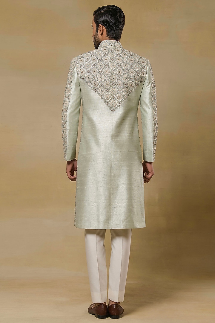 Saleti Green Raw Silk Hand Embroidered Groom Sherwani Set by Aditya Sachdeva Men at Pernia's Pop ...