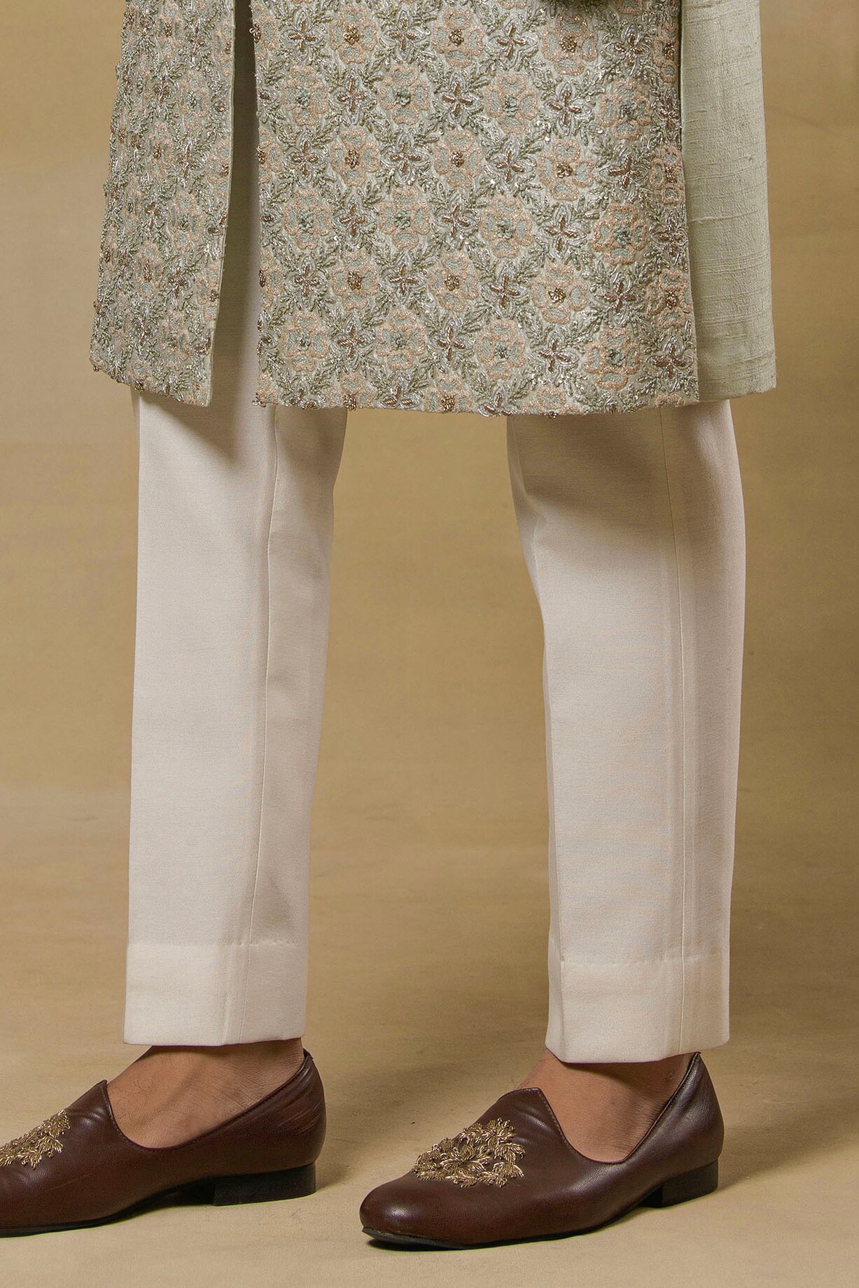 Saleti Green Raw Silk Hand Embroidered Groom Sherwani Set by Aditya ...