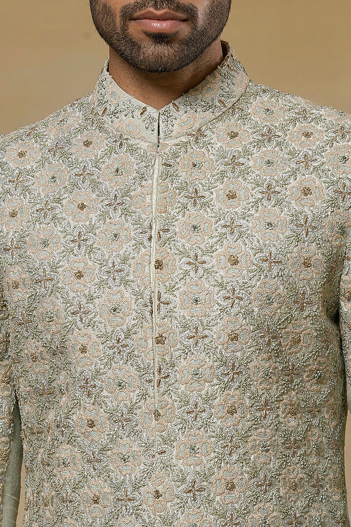 Saleti Green Raw Silk Hand Embroidered Groom Sherwani Set by Aditya Sachdeva Men at Pernia's Pop ...