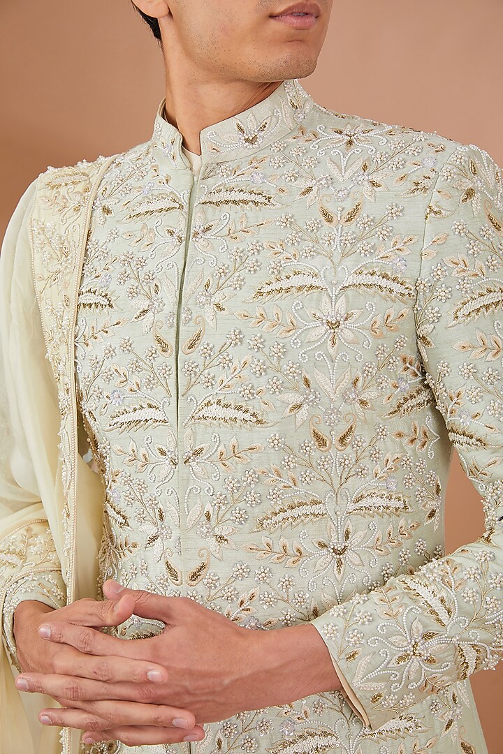 Buy Aditya Sachdeva Men Mint Green Raw Silk Hand Embroidered Sherwani Set at Pernia ...