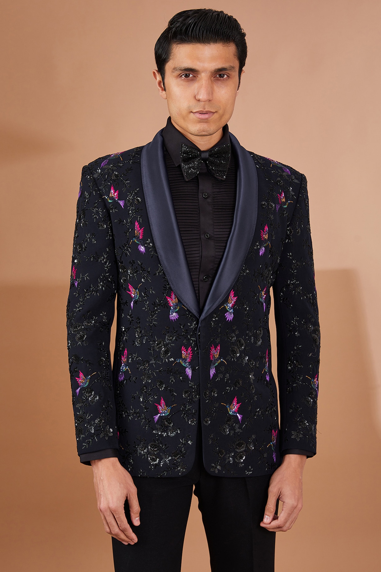 Buy Aditya Sachdeva Men Navy Blue Italian Crepe Bird Embroidered Tuxedo Set at Pernia ...