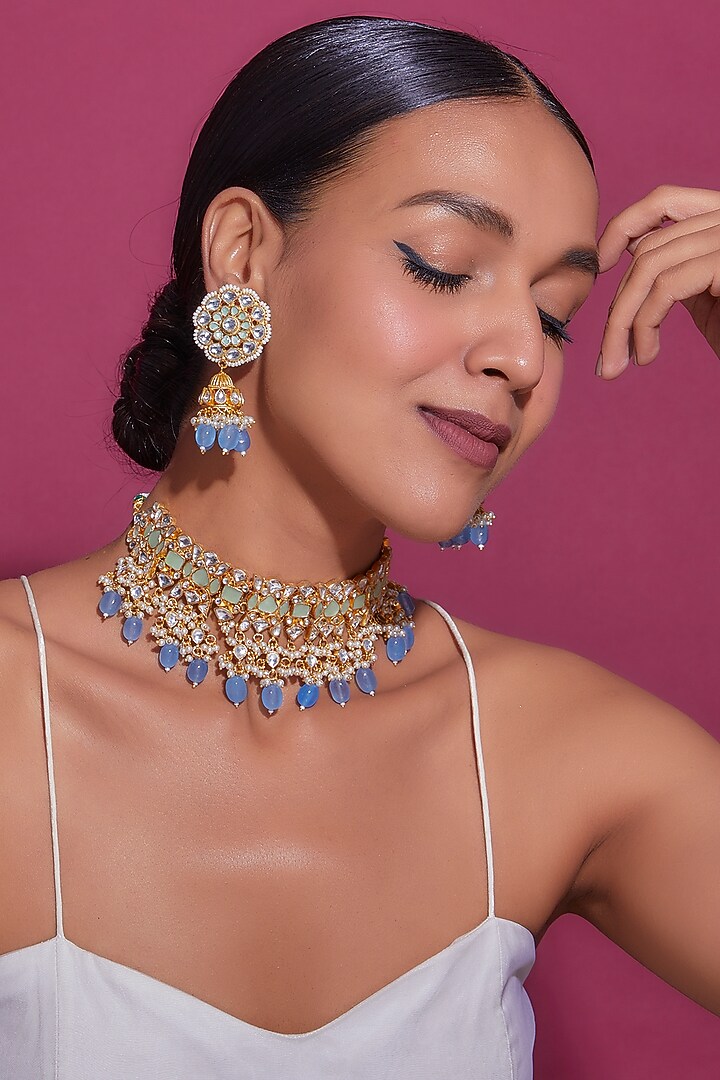 Gold Finish Kundan Polki & Blue Drop Choker Necklace Set by Adityam Jewels at Pernia's Pop Up ...