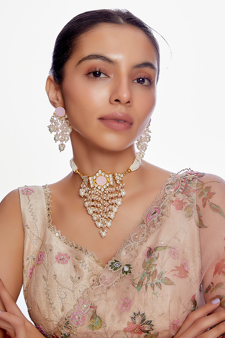 Gold Finish Pink Kundan Polki Choker Necklace Set by Adityam Jewels at Pernia's Pop Up Shop 2024