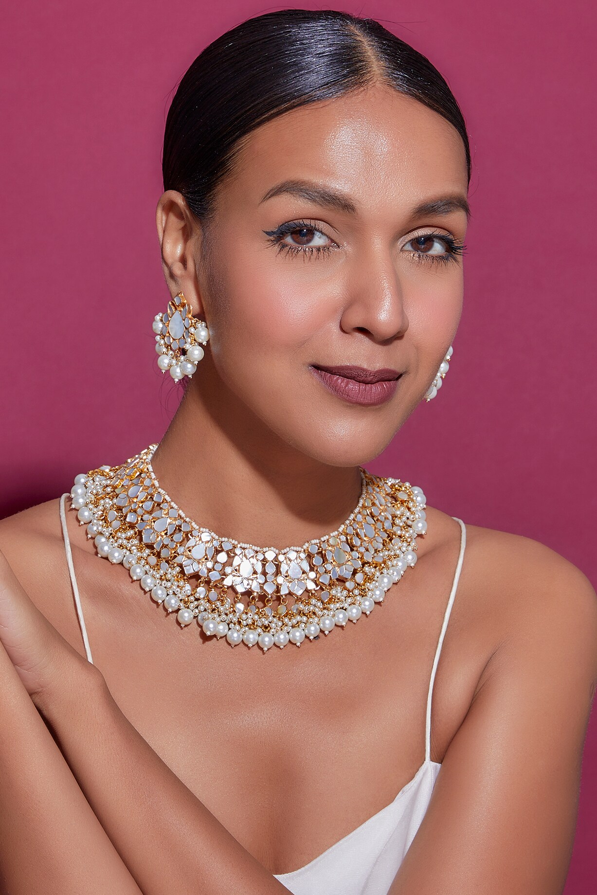 Gold Finish White Mother Of Pearl Choker Necklace Set Design by Adityam ...