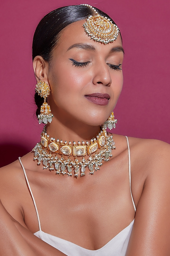 Gold Finish Kundan Polki Choker Necklace Set by Adityam Jewels at Pernia's Pop Up Shop 2025