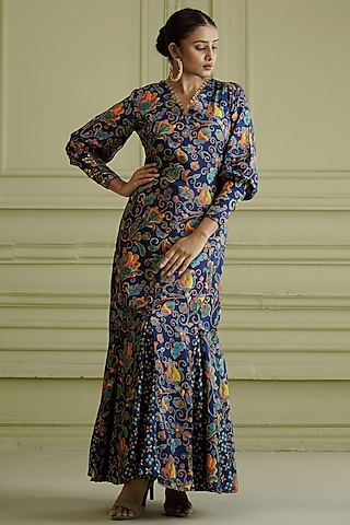 Blue Hand Embroidered & Printed Dress by Affroz at Pernia's Pop Up Shop ...