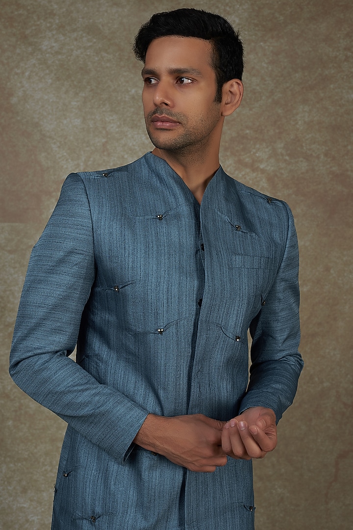 Prussian Blue Polyester Sequins Hand Embroidered Wedding Sherwani Set ...