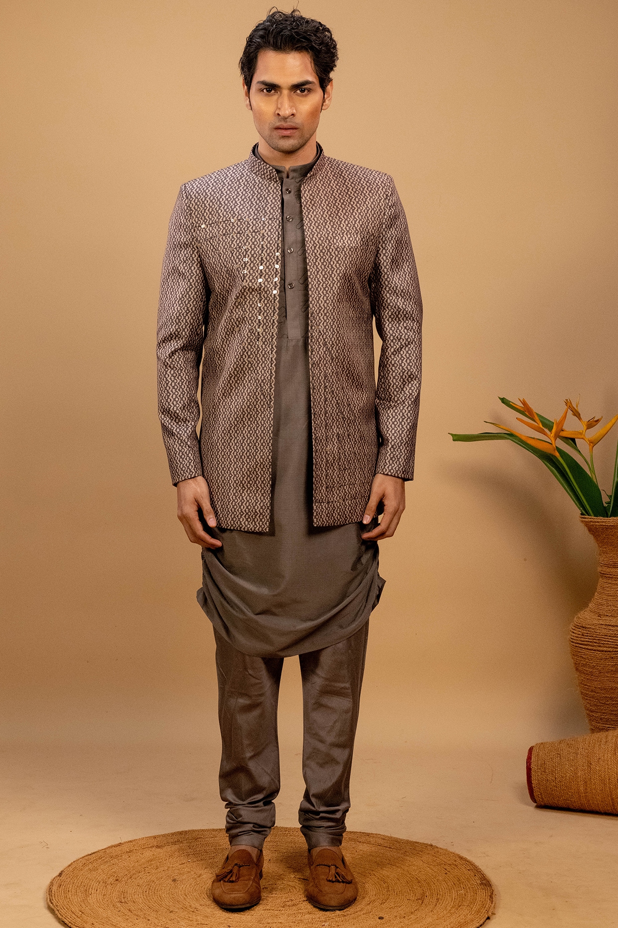 Greyish Brown Silk Printed & Embroidered Indowestern Set by Agape Men ...