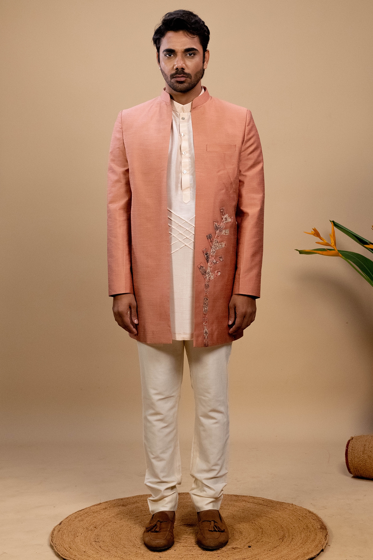 Peach Silk Applique Work Indowestern Set by Agape Men at Pernia's Pop ...