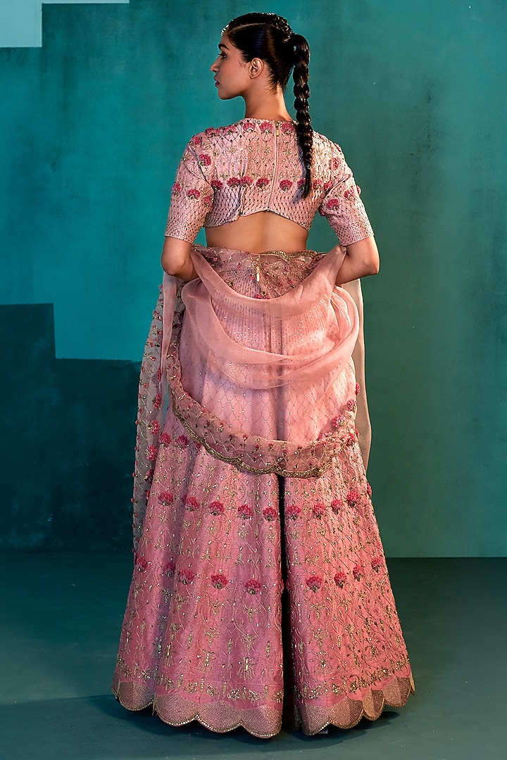 Dusty Rose Pink Embroidered Pant Bridal Lehenga Set by Agunj by Gunjan ...
