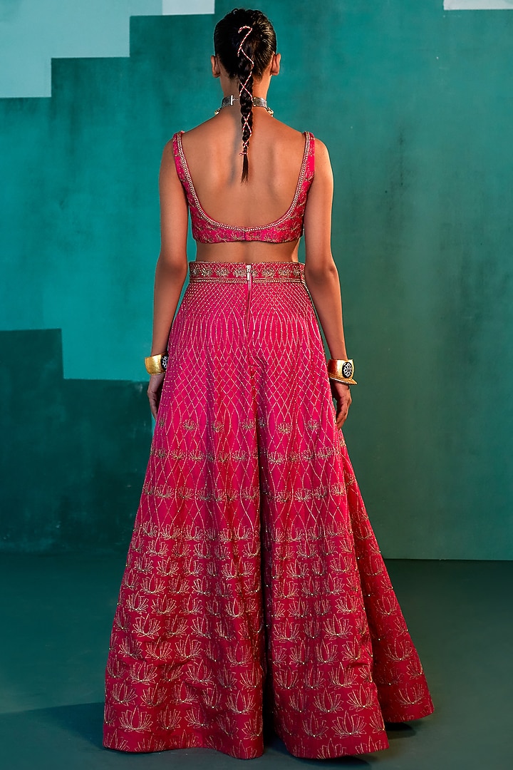 Rani Pink Silk Pant Wedding Lehenga Set by Agunj by Gunjan Arora at ...
