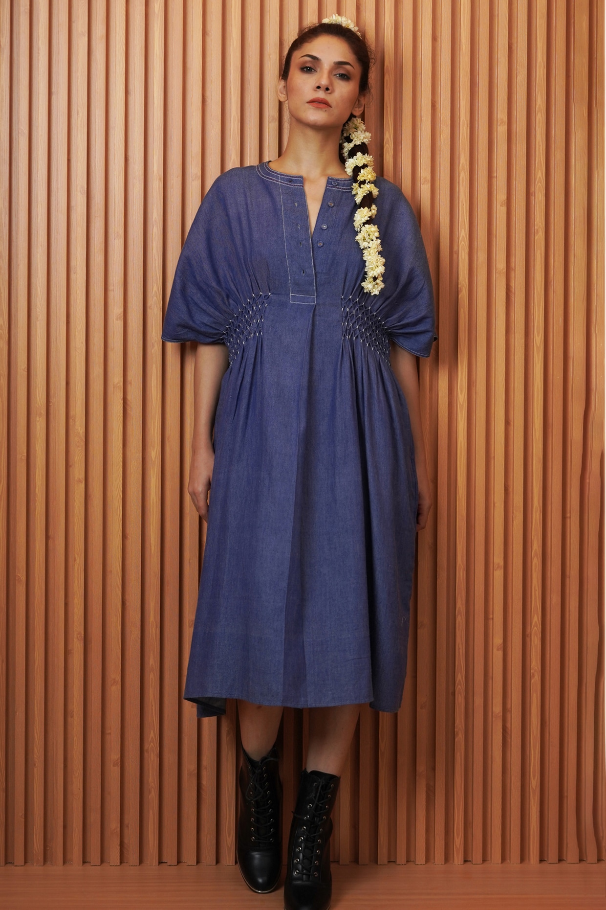 Blue Embroidered Smocked Dress by AMITA GUPTA SUSTAINABLE at Pernia's ...