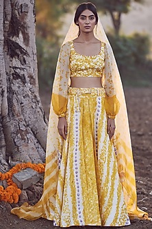 Ivory & Yellow Hand Embroidered Lehenga Set Design by Amita Gupta ...