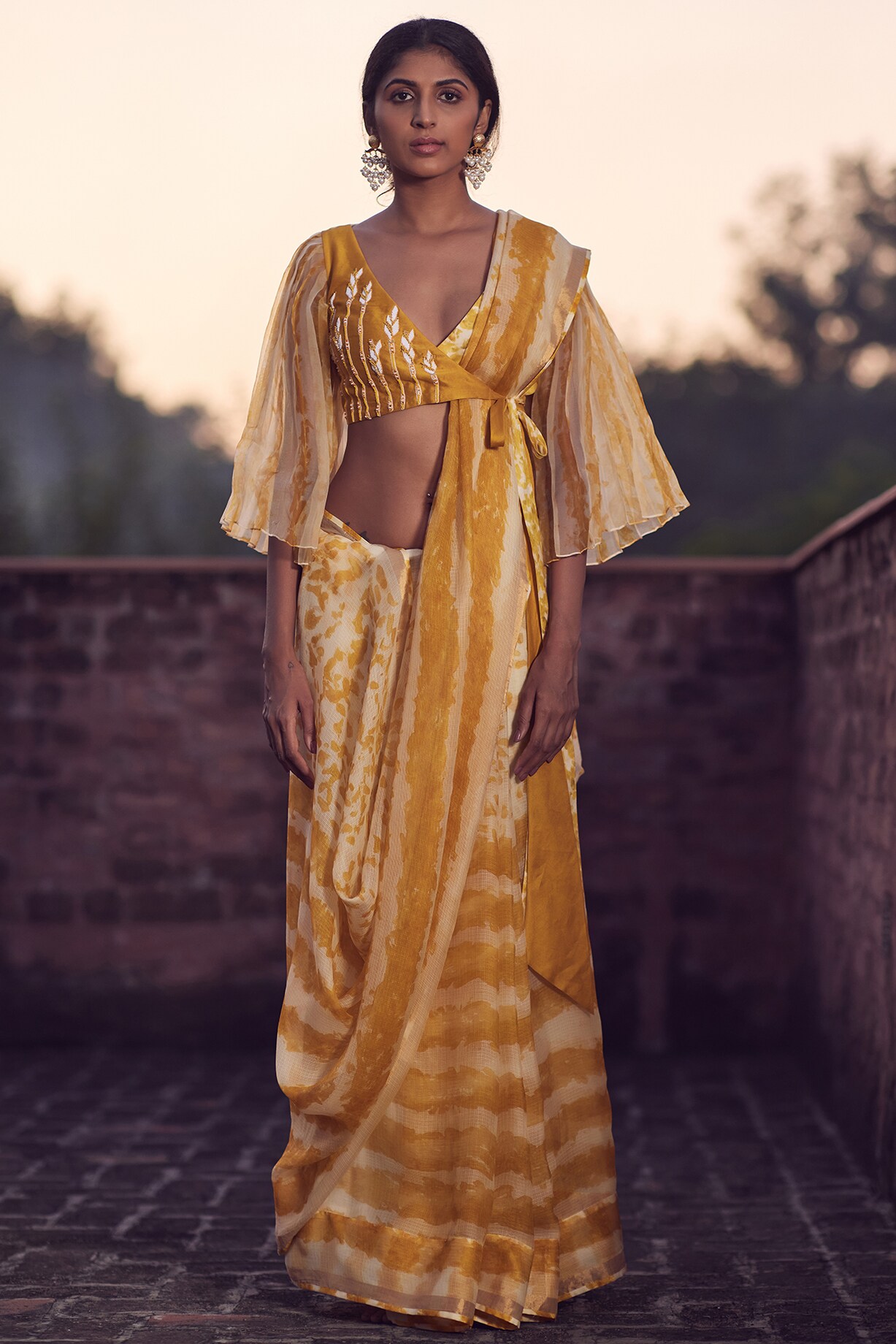 Ivory & Yellow Hand Embroidered Saree Set by Amita Gupta Sustainable at ...
