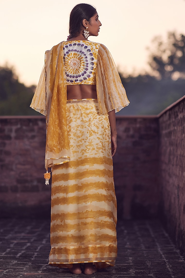 Ivory & Yellow Hand Embroidered Saree Set by Amita Gupta Sustainable at ...